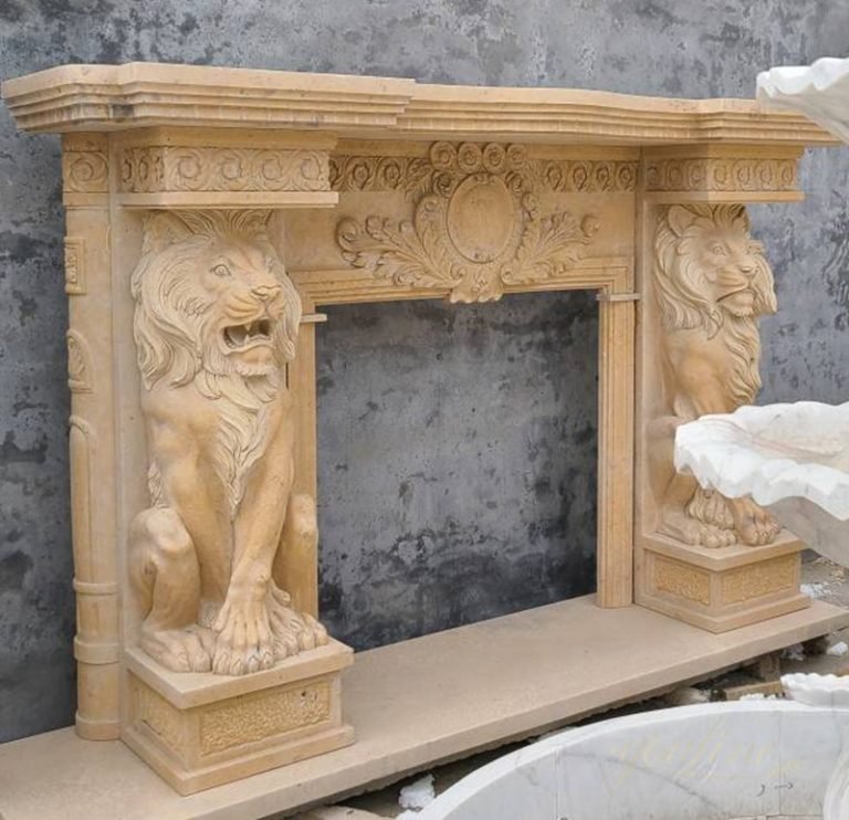 Marble Lion Statue Fireplace Surround - YouFine Art Sculpture