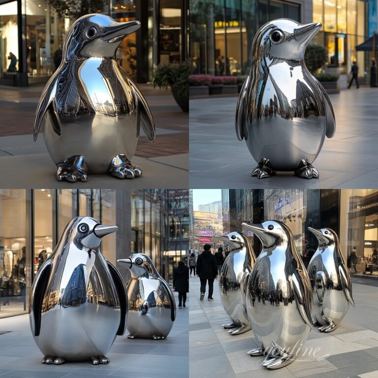Metal Penguin Statue Large Polished in Stainless Steel