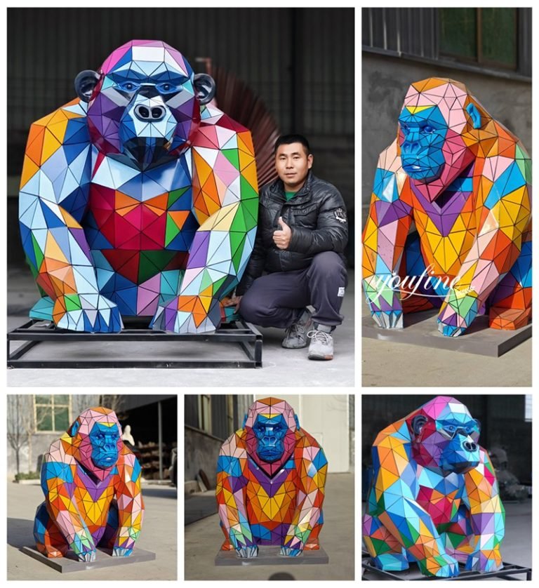 4 Feet Colorful Sitting Metal Geometric Gorilla Statue